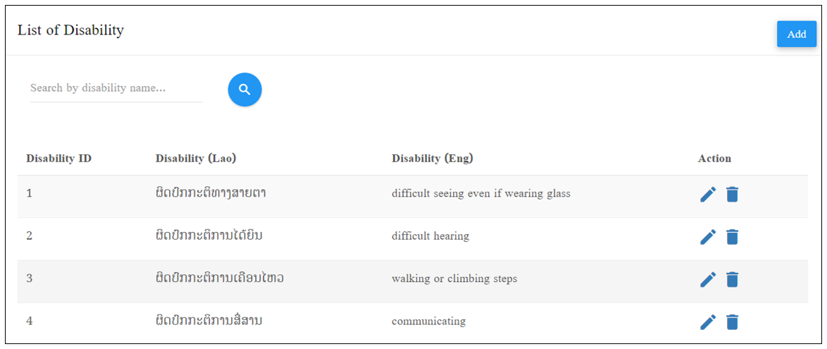 v When click on List of Disability, the information page will be ...